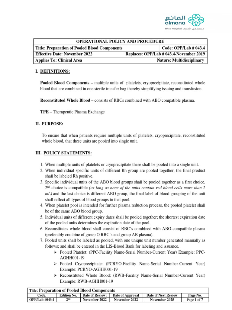 Pooled Blood Component Preparation Guide | PDF | Blood Type | Blood ...