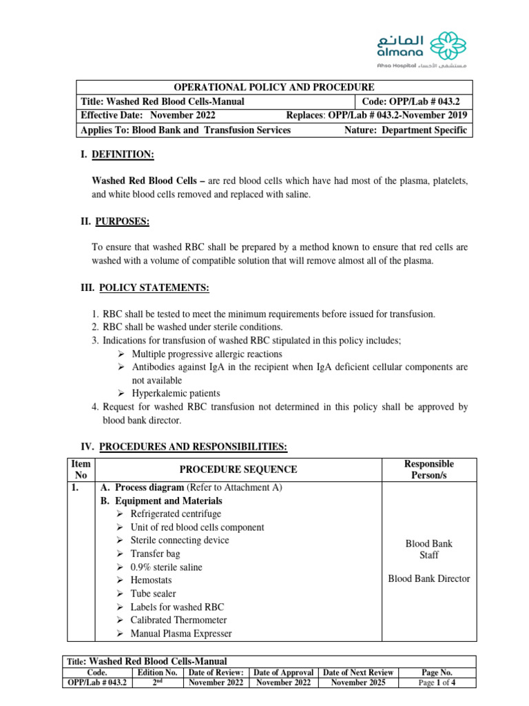 Washed Red Blood Cells Procedure Guide | PDF | Blood Transfusion | Red ...