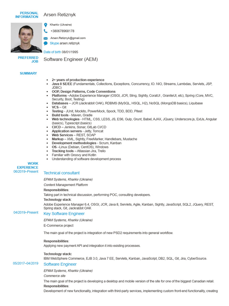CV Arsen Retiznyk Software Engineer | PDF | Java Platform | Software