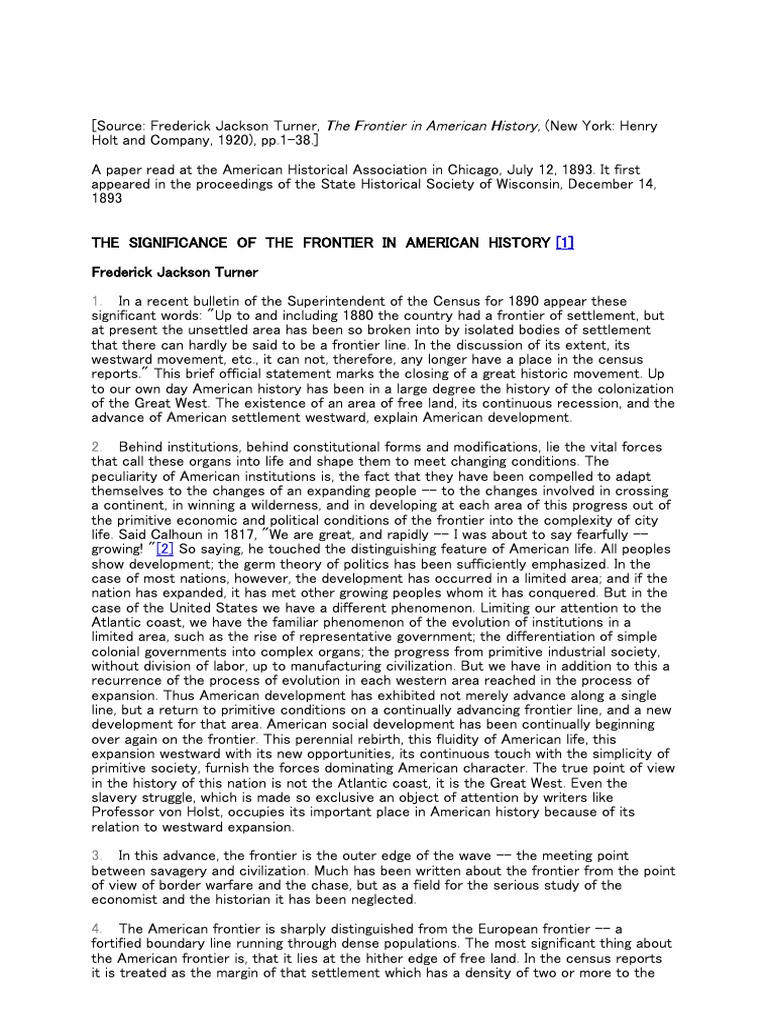 Frederick Jackson Turner The Frontier in American History | PDF ...