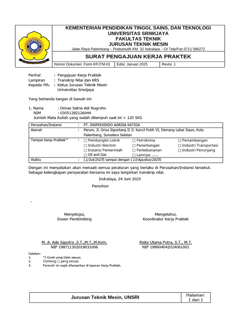 Surat Pengajuan KP 2025 Dimas (PDF - Io) | PDF