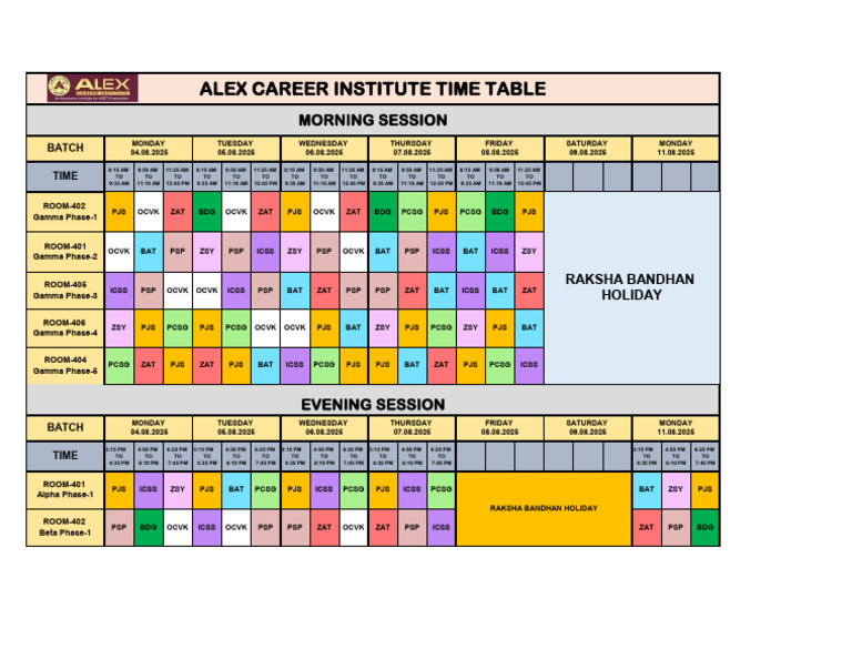 Time Table 4th August To 10th August FINAL | PDF