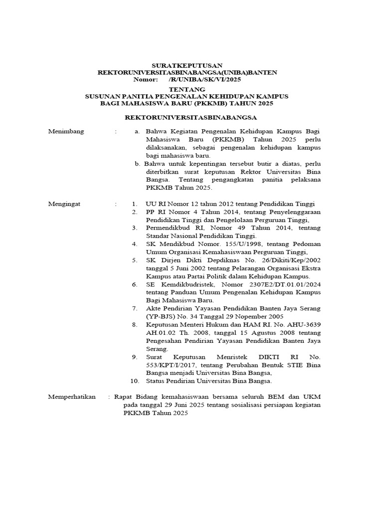 SK Panitia PKKMB 2025 UNIBA Banten | PDF