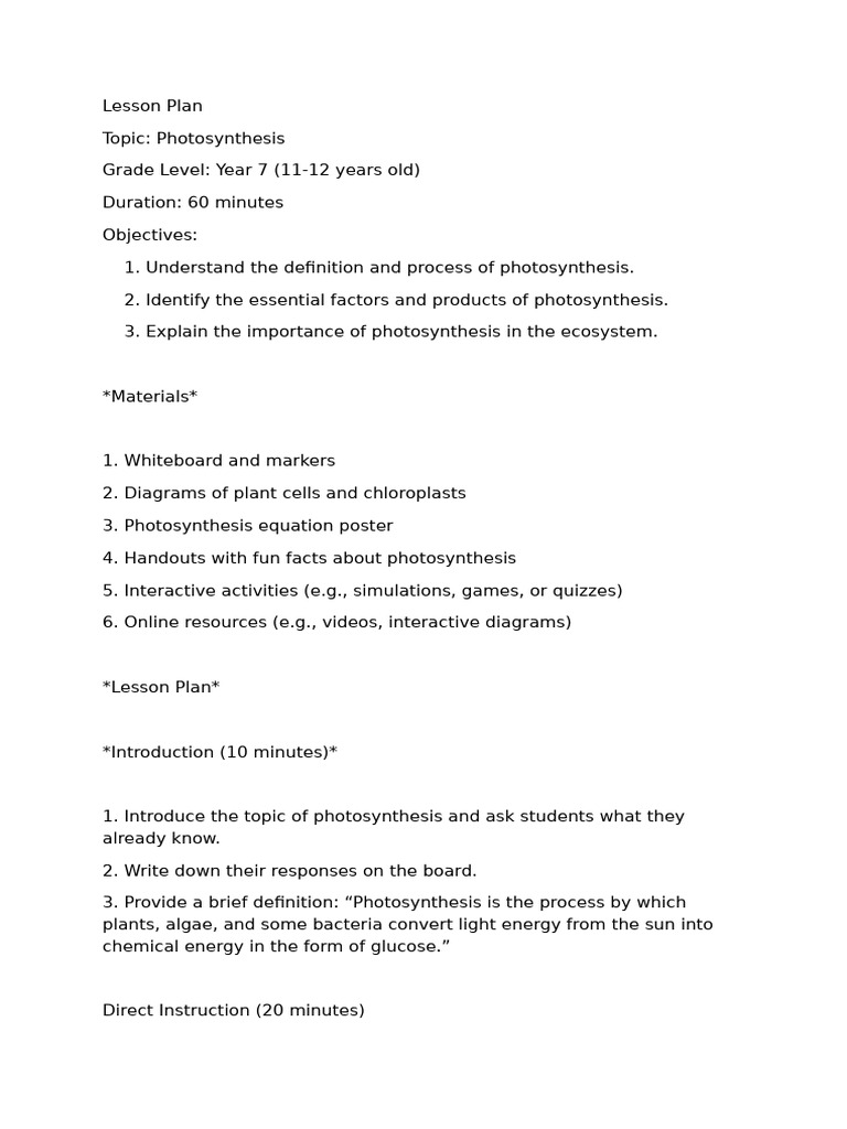 Grade 7 Photosynthesis Lesson Plan | PDF | Photosynthesis | Plants