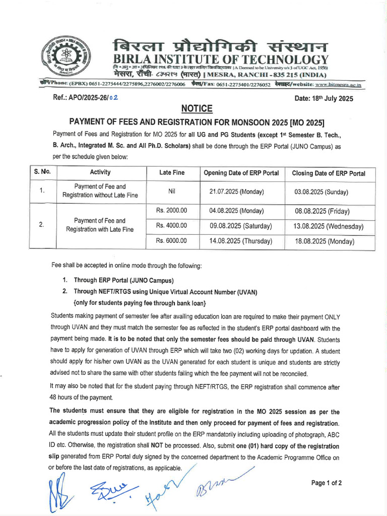 Notice Regarding Payment of Fees and Registration For Monsoon 2025 (MO ...