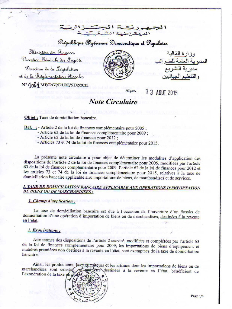 Taxe de Domiciliation Bancaire - Note Circulaire 2015 | PDF