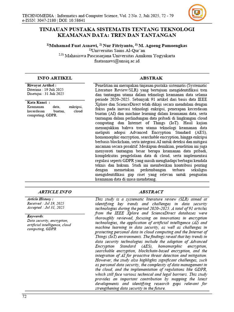 Tinjauan Pustaka Sistematis Tentang Teknologi Keamanan Data Tren Dan ...