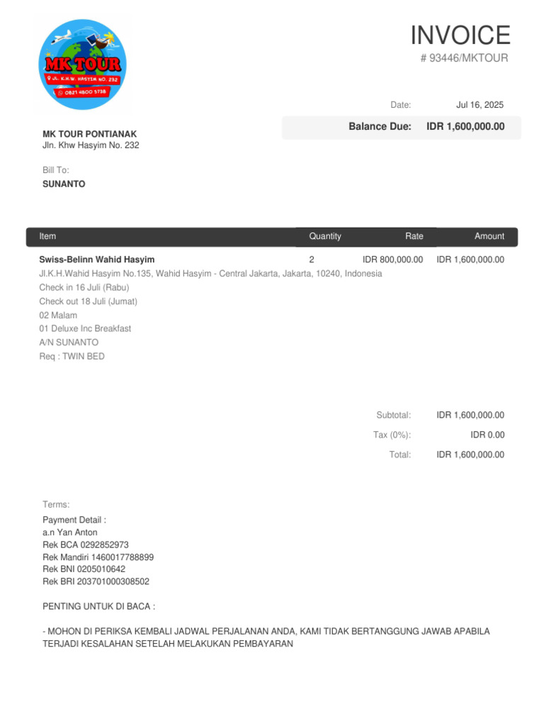 MK Tour Invoice for Sunanto | PDF