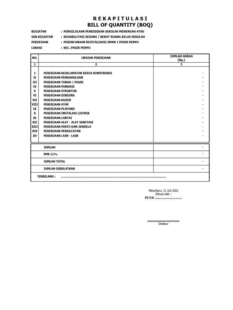Bill of Quantity BOQ Revitalisasi SMAN 1 Pasir Penyu | PDF
