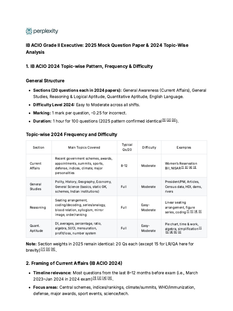 IB ACIO 2025 Mock Question Paper | PDF