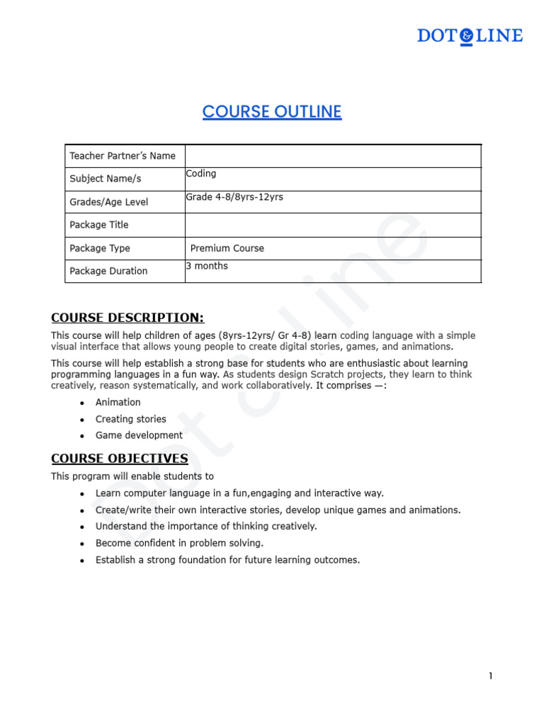 Course Outline Scratch.docx | PDF | Scratch (Programming Language) | Computer Programming