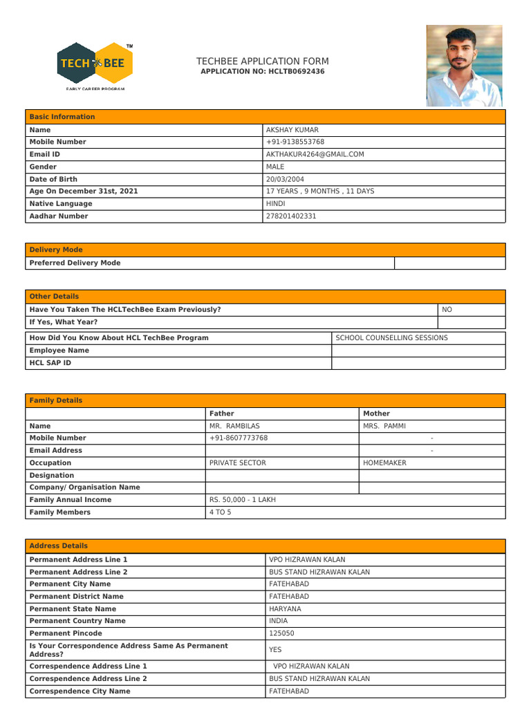 HCL TechBee Application Form Details | PDF