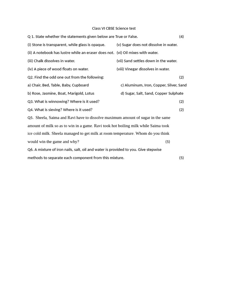 Class VI CBSE Science Test | PDF