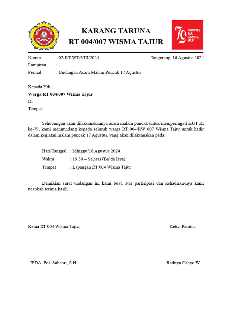 Surat Undangan Malam Puncak 17 Agustus | PDF