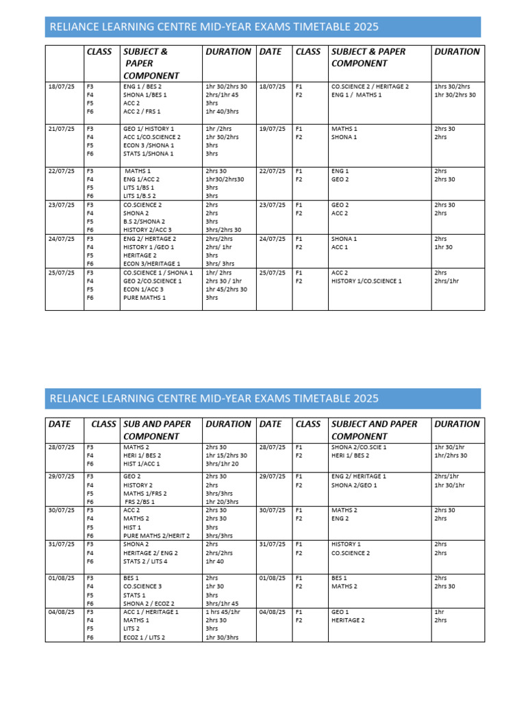 2025 Mid-Year Exam Timetable | PDF