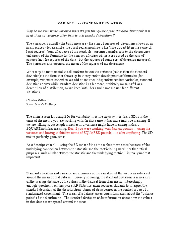 Variance Vs Standard Deviation | PDF | Standard Deviation | Variance