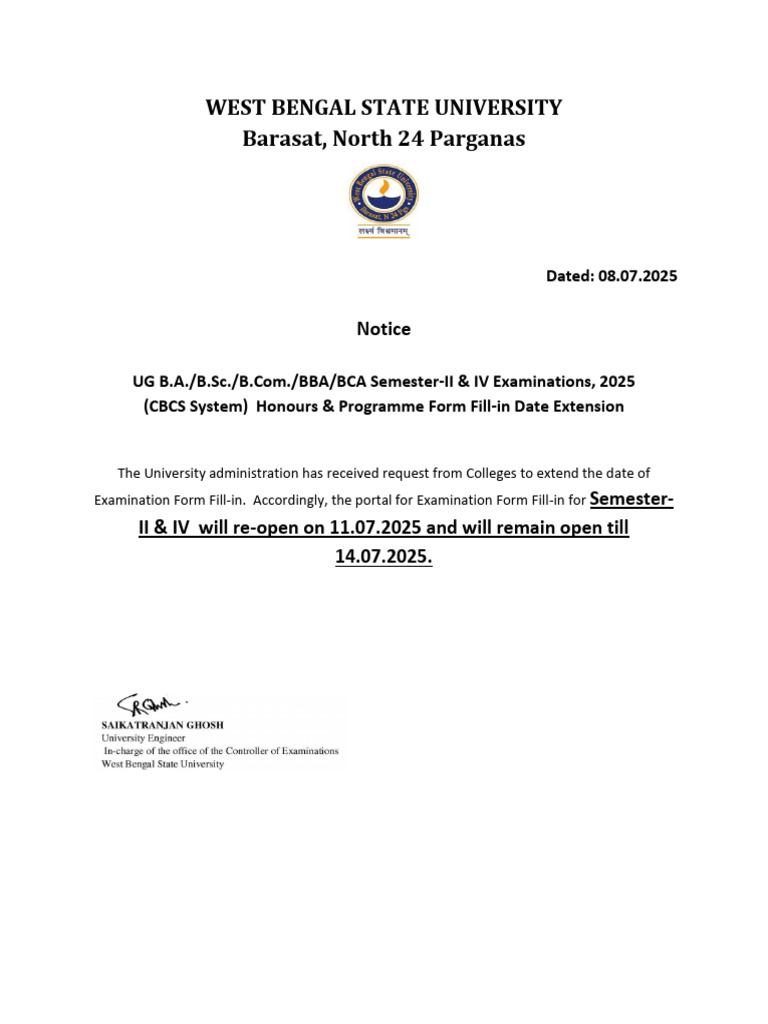 Notice For Extension of Form Fill-In of CBCS Semester-II & IV Examinations2025 | PDF