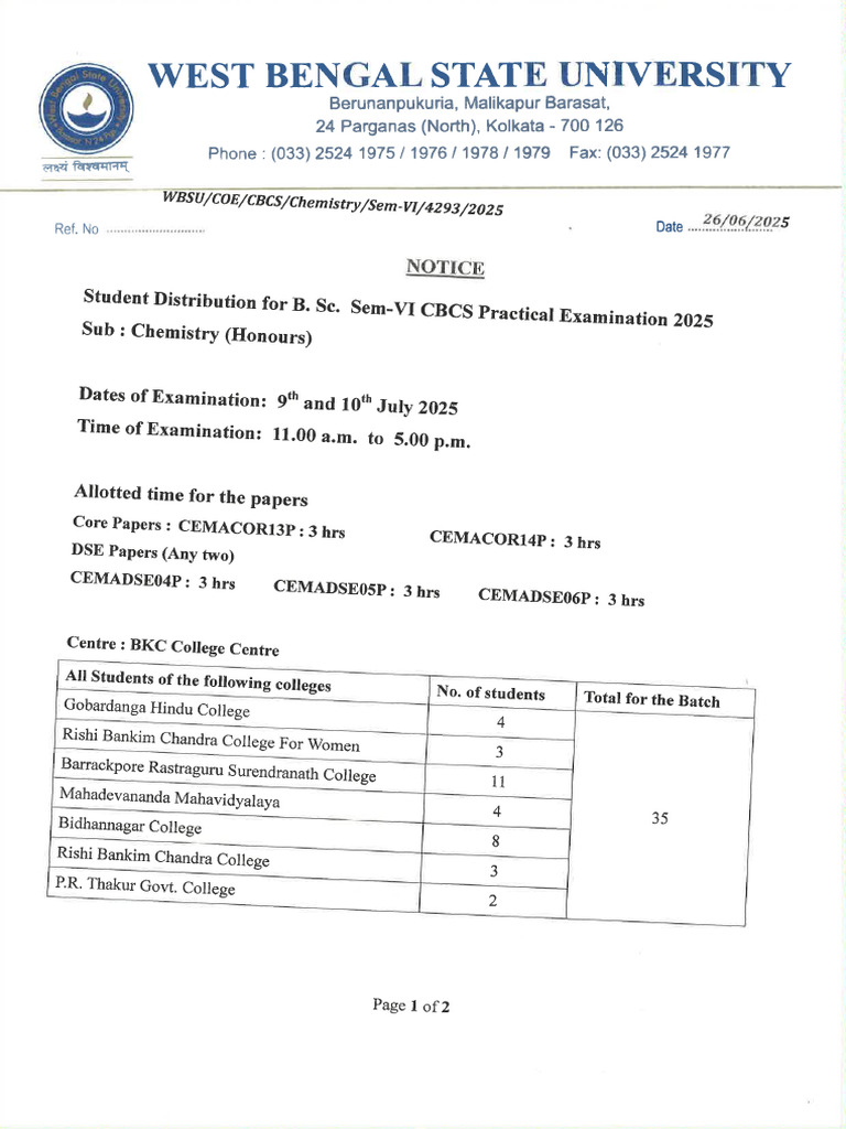 Seat Allotment For Chemistry CBCS Semester-VI Practical Examinations 2025 | PDF