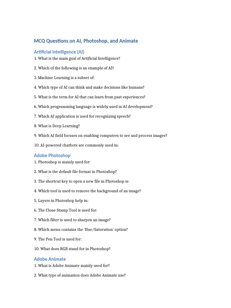 MCQ Questions AI Photoshop Animate | PDF
