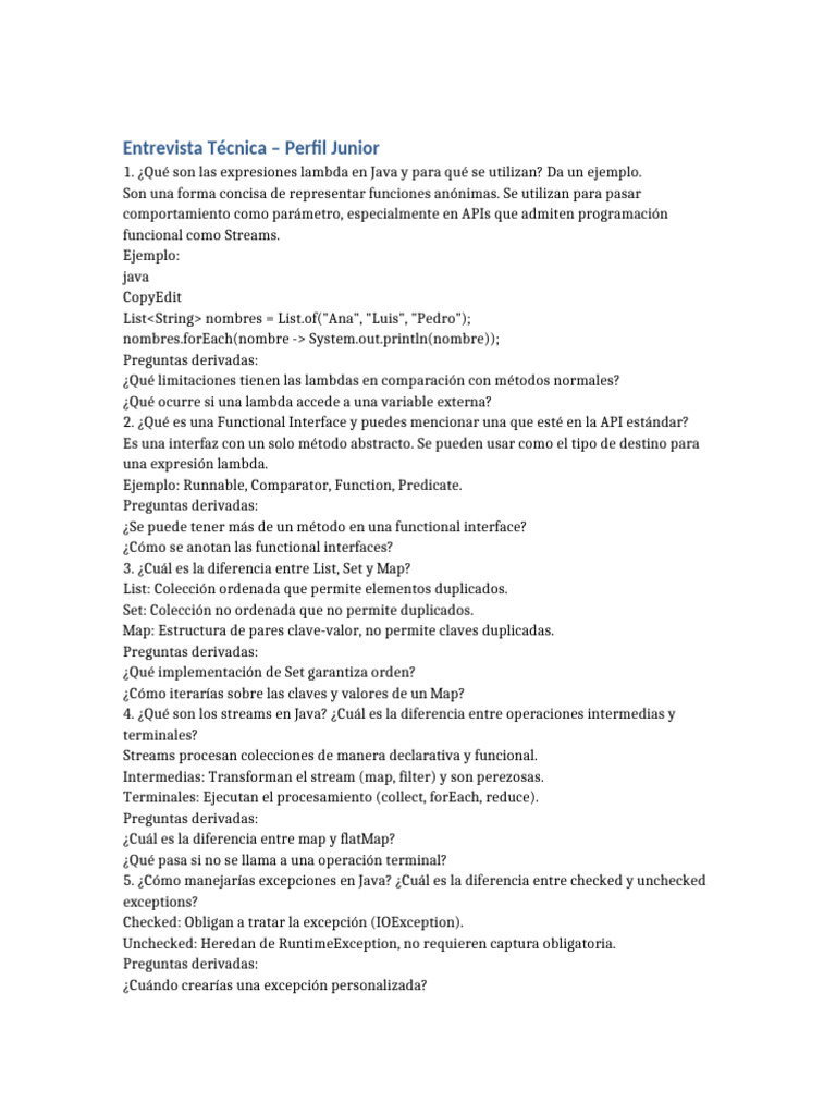 Entrevista Perfil Junior Completo | PDF | Java (lenguaje de programación) | Función anónima