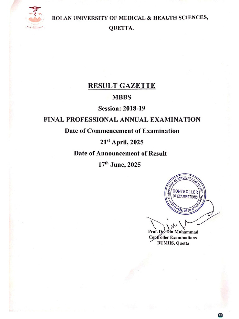 Final Year MBBS Annual Result 2018-19 | PDF