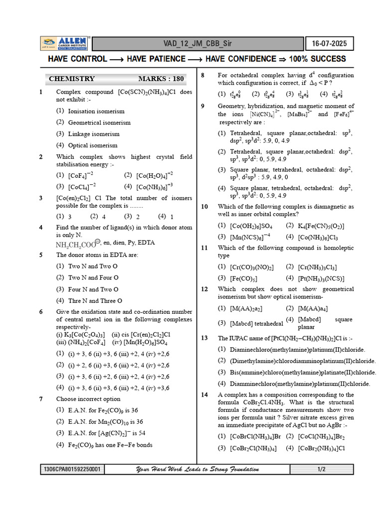 VAD_12_JM_CBB_Sir_160725 Q 1306CPA801592250001-Allen | PDF | Inorganic Chemistry | Chemistry