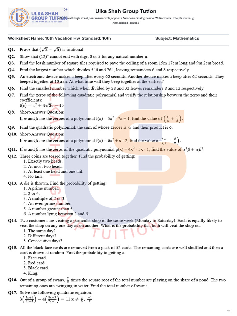 10th Vacation Hw(Maths) | PDF | Numerical Analysis | Mathematical Concepts
