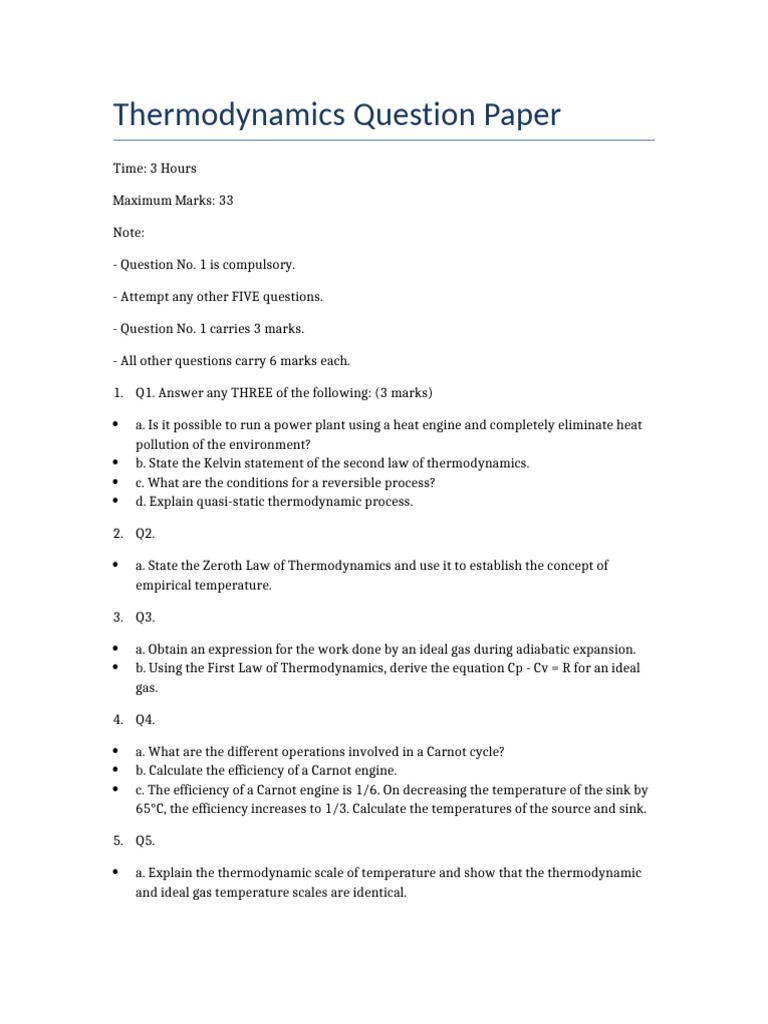 Thermodynamics Question Paper | PDF