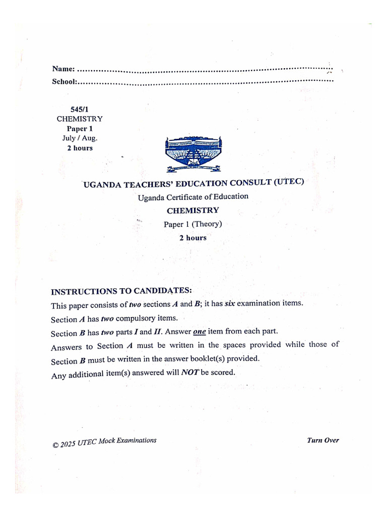 Utec Uce 2025 Chemistry Paper 1 | PDF
