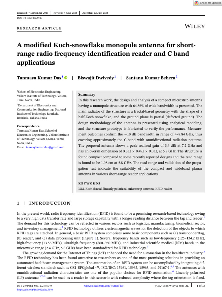 Int J Communication - 2024 - Das - A Modified Koch‐Snowflake Monopole Antenna for Short‐Range ...