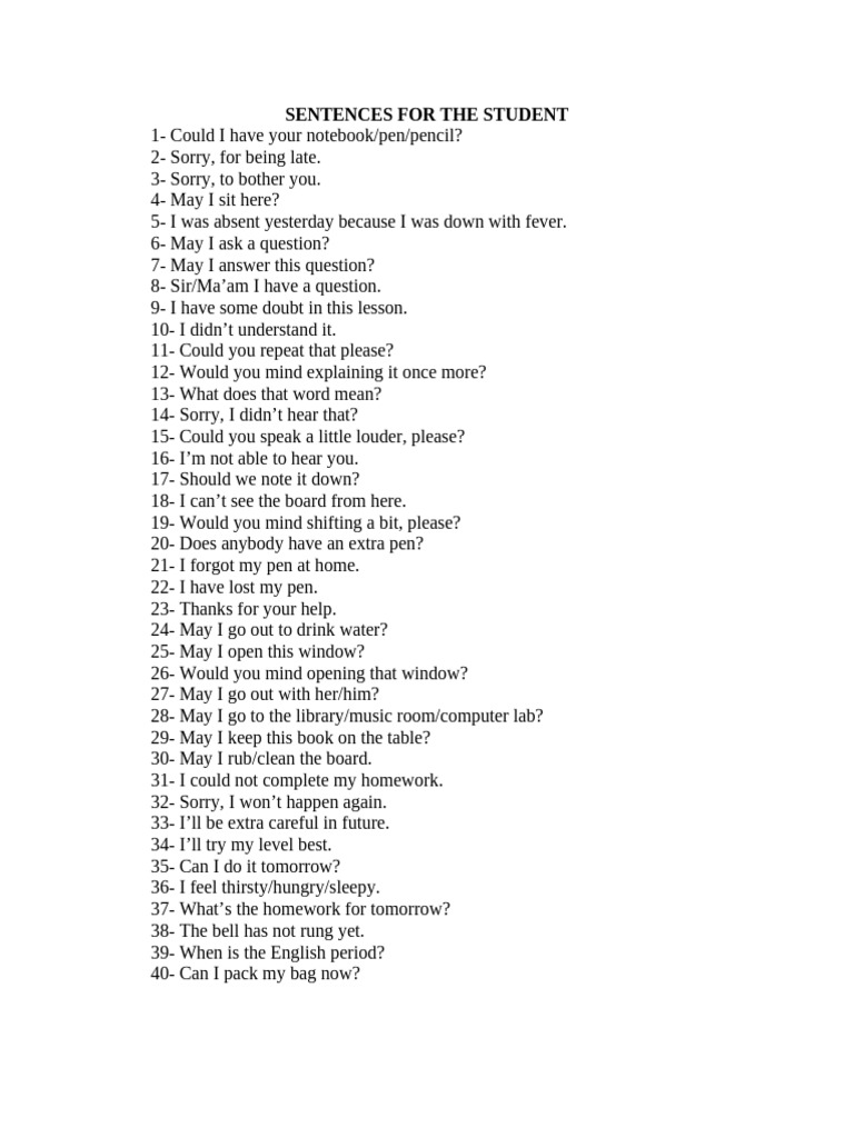 Essential Classroom Sentences for Students | PDF