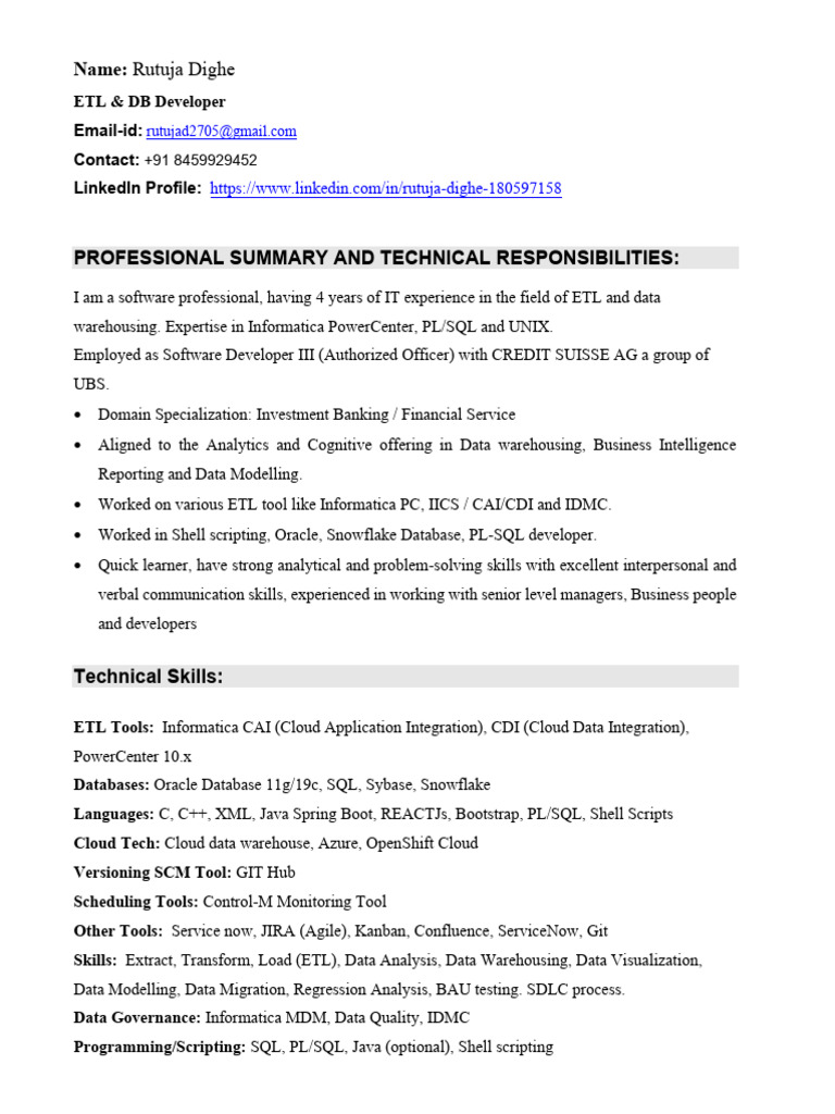 Rutuja Dighe ETL Developer Resume PDF | PDF | Microsoft Azure | Data Warehouse