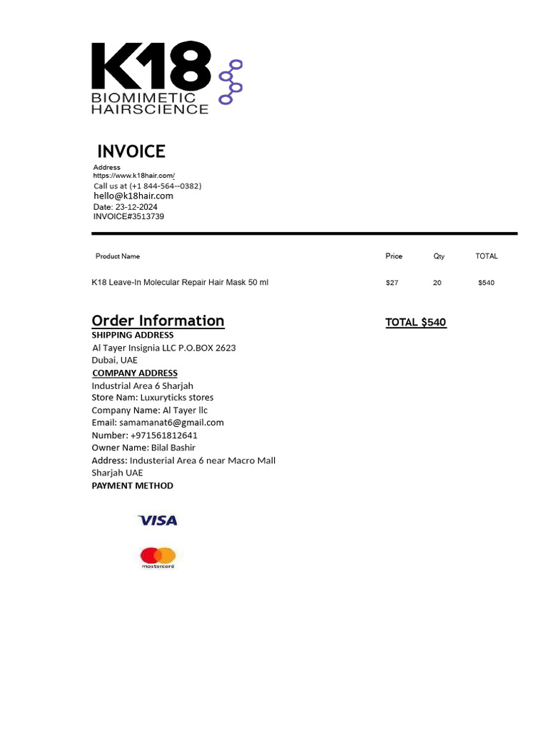 K18 Invoice for Dubai Shipment | PDF
