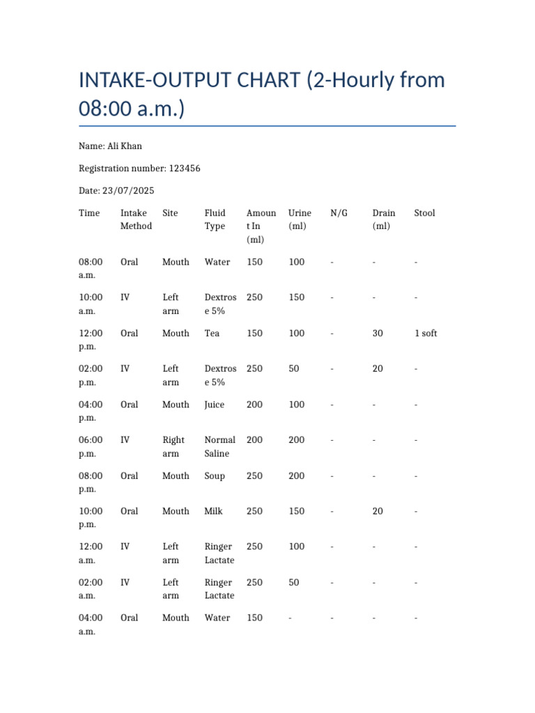 Intake Output Chart From 8am | PDF