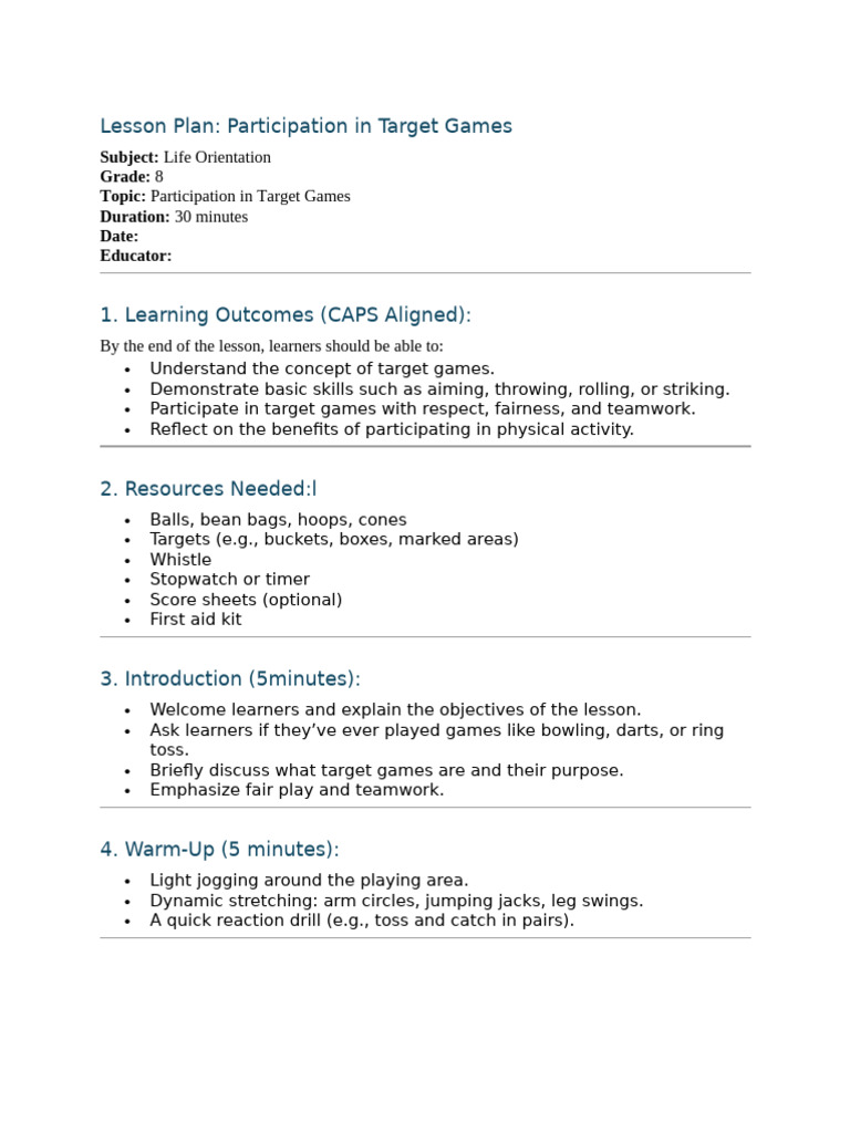 Lesson Plan 2 Participation in Target Games | PDF