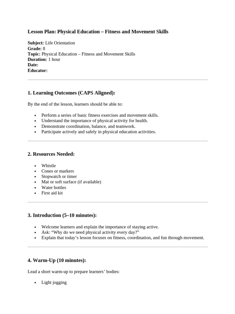 Grade 8 PE Lesson: Fitness Skills | PDF