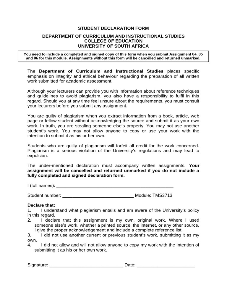 Student Declaration Form | PDF