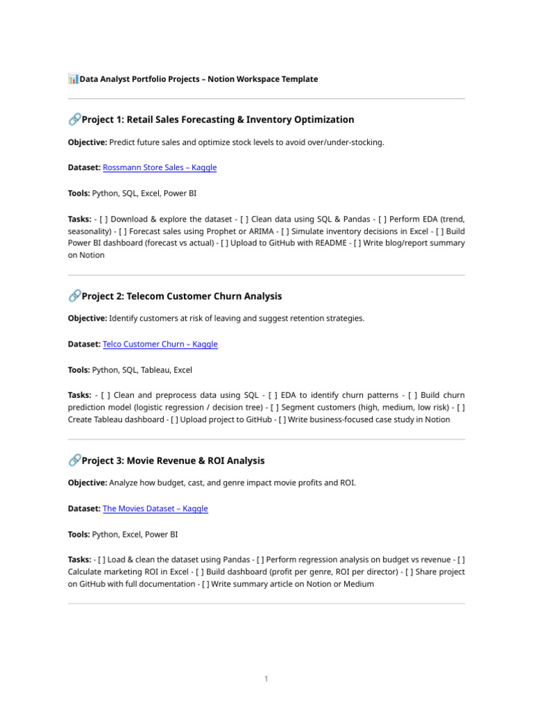Notion Portfolio Template for Data Analysts | PDF