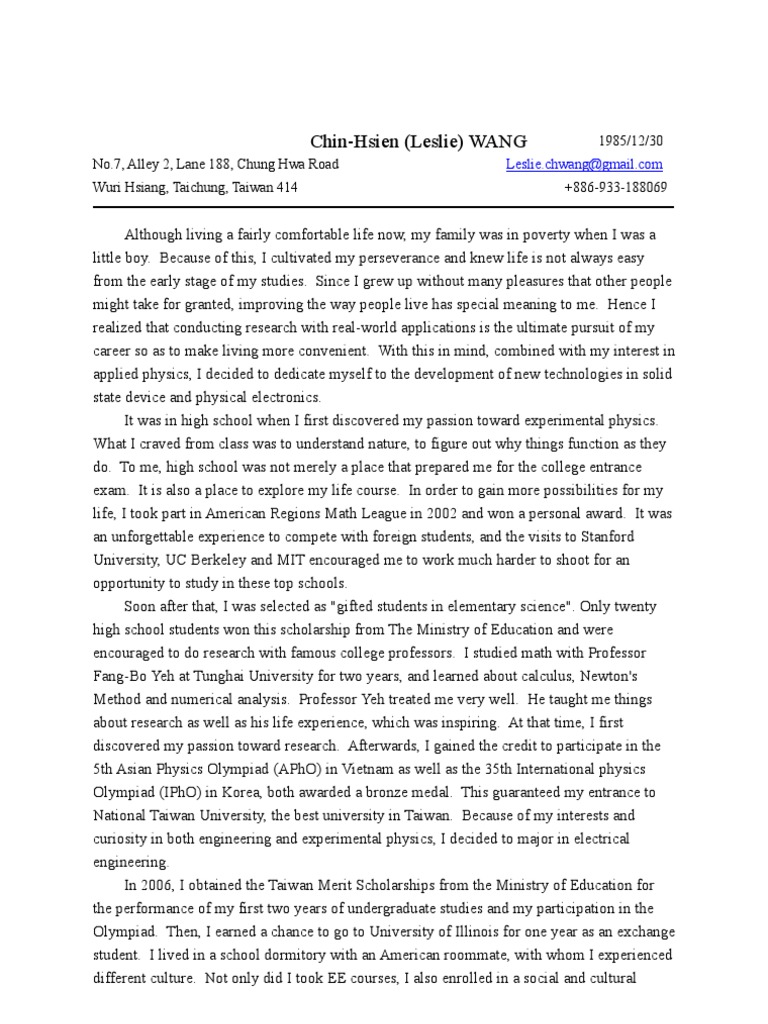 Stanford Personal History Statement | PDF | Doctor Of Philosophy ...