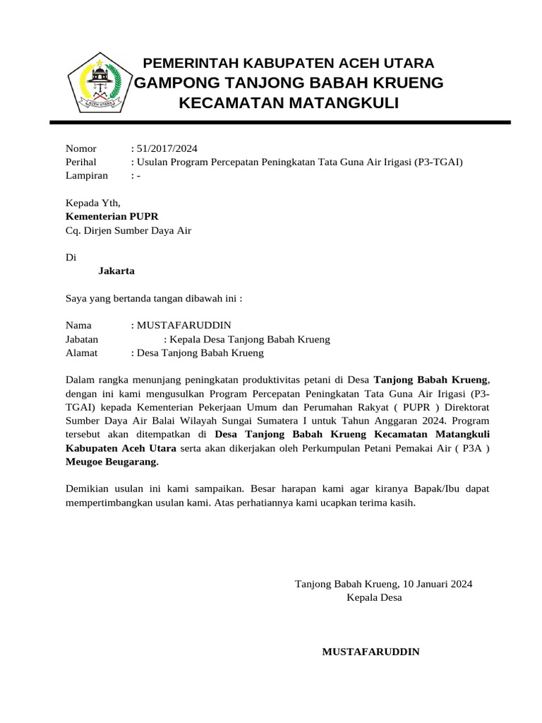 Surat Usulan P3a Tanjong Babah Krueng | PDF