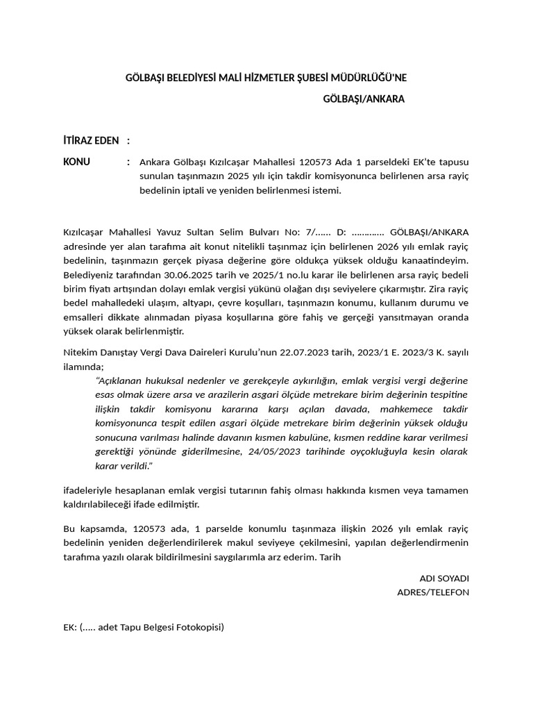 Golbasi Belediyesi Arsa Rayic Bedel Itiraz Dilekcesi | PDF