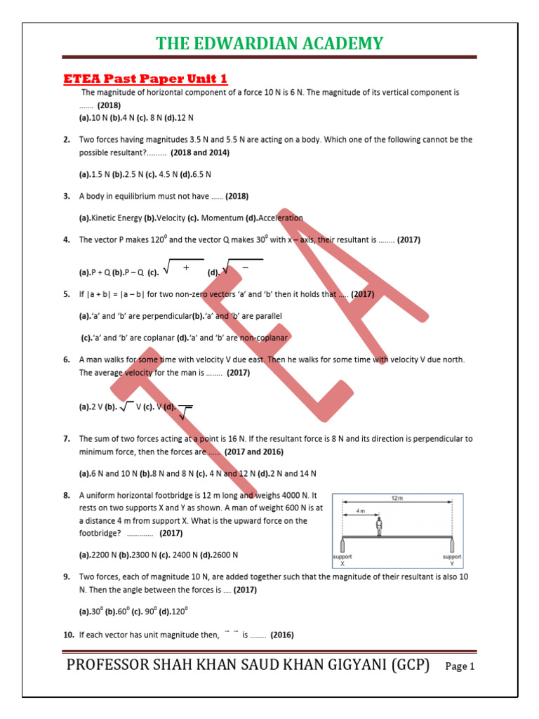ETEA Past Paper Unit 1 Solutions | PDF | Force | Torque