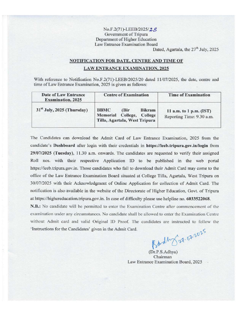 Notification of Date, Centre, Time of Lee25 New PDF Ocr | PDF | Access ...