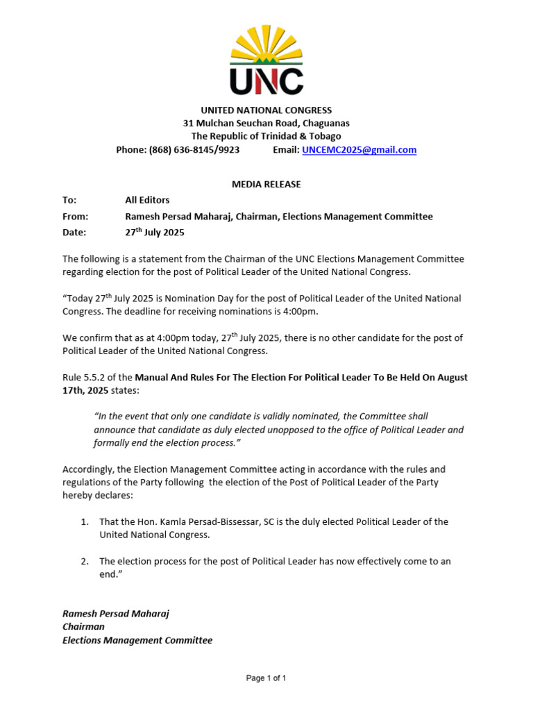 Kamla Persad-Bissessar Elected UNC Leader | PDF