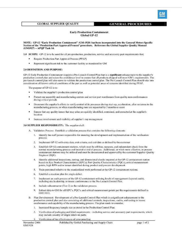 GM GP12 Early Containment Standard | PDF