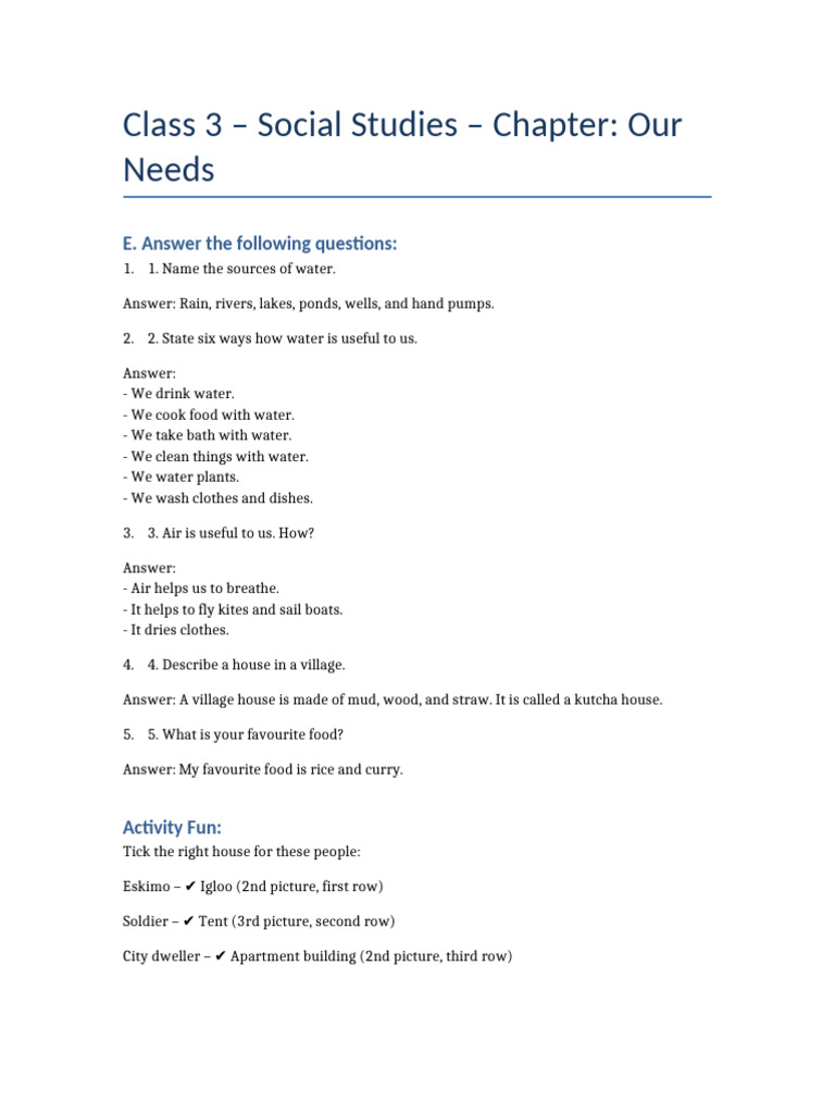 Class 3 Social Studies Our Needs Worksheet | PDF