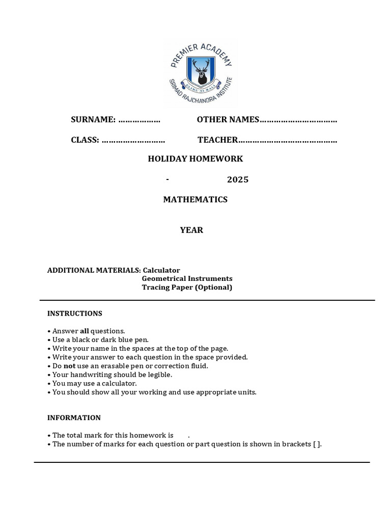 YEAR 9 Maths Holiday Homework July - August 2025 | PDF | Mathematics ...