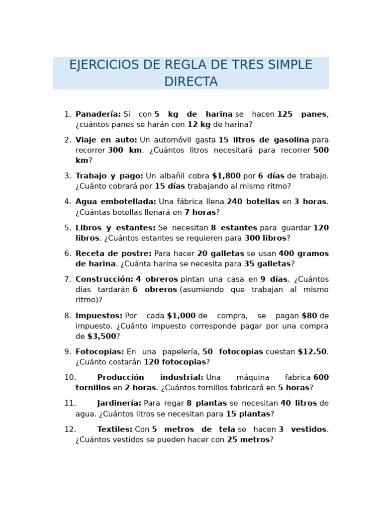 Ejercicios de Regla de Tres Simple | PDF
