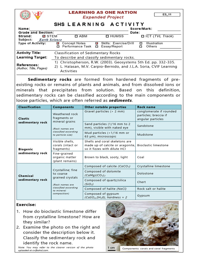 Earth Science LAS 11 Classification of Sedimentary Rocks | PDF ...