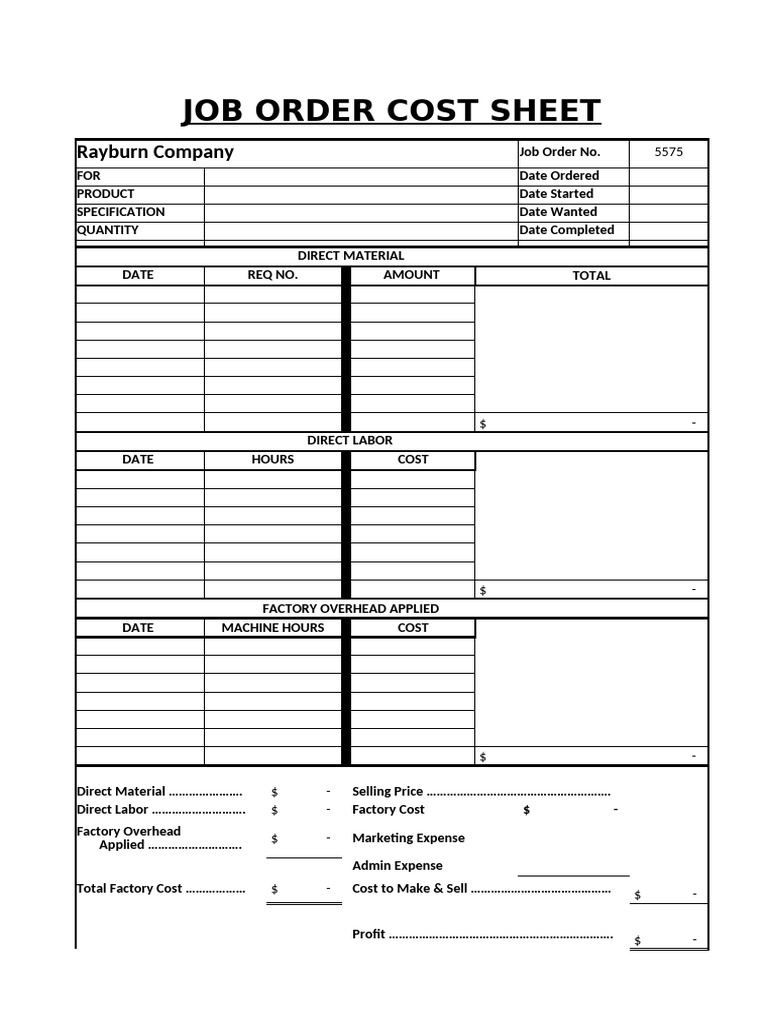 Job Order Cost Sheet Format. | PDF